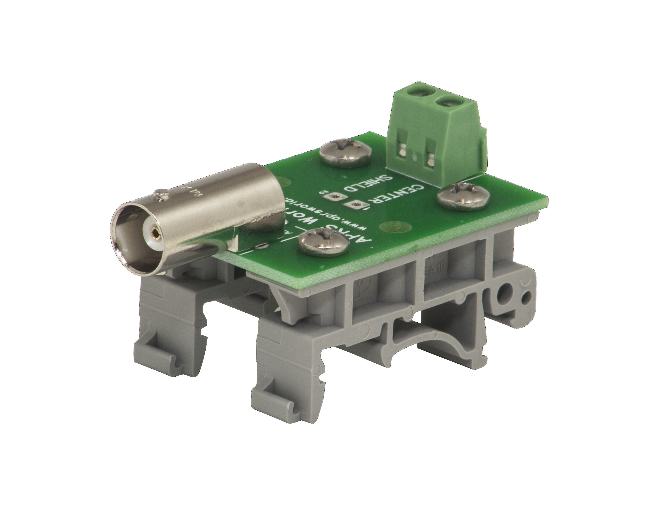 BNC breakout board to screw terminals, DIN mount from aprsworld on Tindie